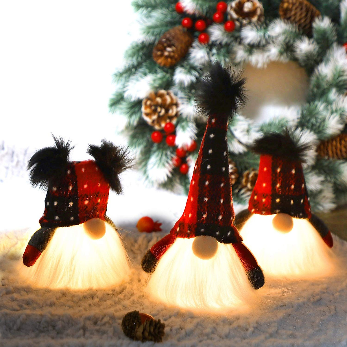 Juegoal 3 Pack Lighted Christmas Gnome, Handmade Plush Mini Scandinavian Swedish Tomte, Battery Operated Winter Tabletop Christmas Decorations