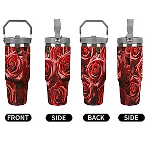 Many Red Roses Tumbler 30oz Large Capacity Car Cup with Handle Fit in Any Car Cup Holder Stainless Steel Leakproof Insulated Coffee Tumblers with Lid And Straw