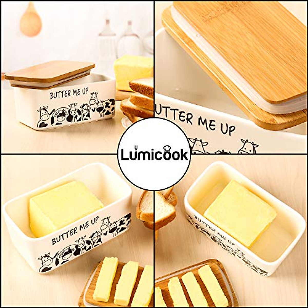 Lumicook porcelain butter dish with lid, Natural bamboo lid, seal included for airtight butter dish, butter holder easily fits 2 sticks of butter (White)