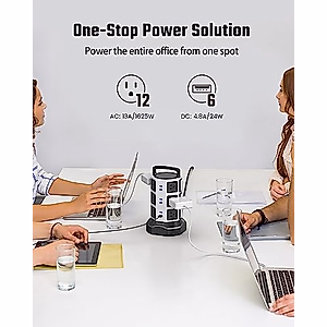 Power Strip Tower Surge Protector, JACKYLED 1625W 13A Outlet Surge Electric Tower, 12 Outlets 6 USB Ports Retractable Cord Charging Station with 16AWG 6.5ft Heavy Duty Extension Cord for Home Office