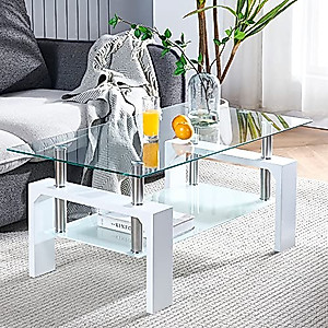 Btrpily Living Room Rectangle Coffee Table, Tea Table Suitable for Waiting Room, Modern Side Coffee Table with Wooden Leg, Glass Tabletop with Lower Shelf, 39.5*23.5*17.5 inches , White