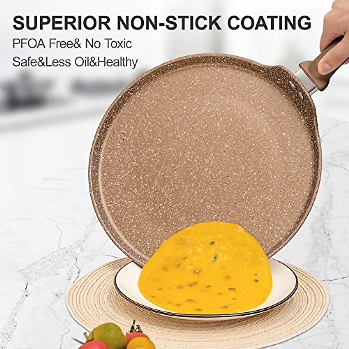 Innerwell Nonstick Crepe Pan, Granite Coating Flat Skillet Dosa Tawa Tortilla Pan, 10 inch Pancake Griddle Roti Pan With Stay-Cool Handle, Induction Compatible, PFOA Free