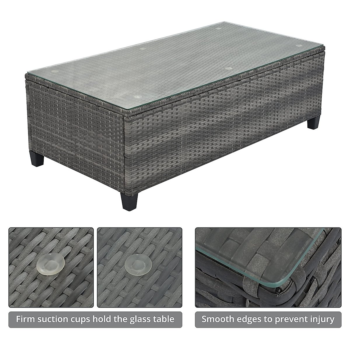 Merax 8-Pieces Outdoor Wicker Round Sectional Curved Sofa Set with Rectangular Coffee Table, PE Rattan Water-Resistant and UV Protected, Movable Cushion, Half-Moon Style, Grey_8Pcs