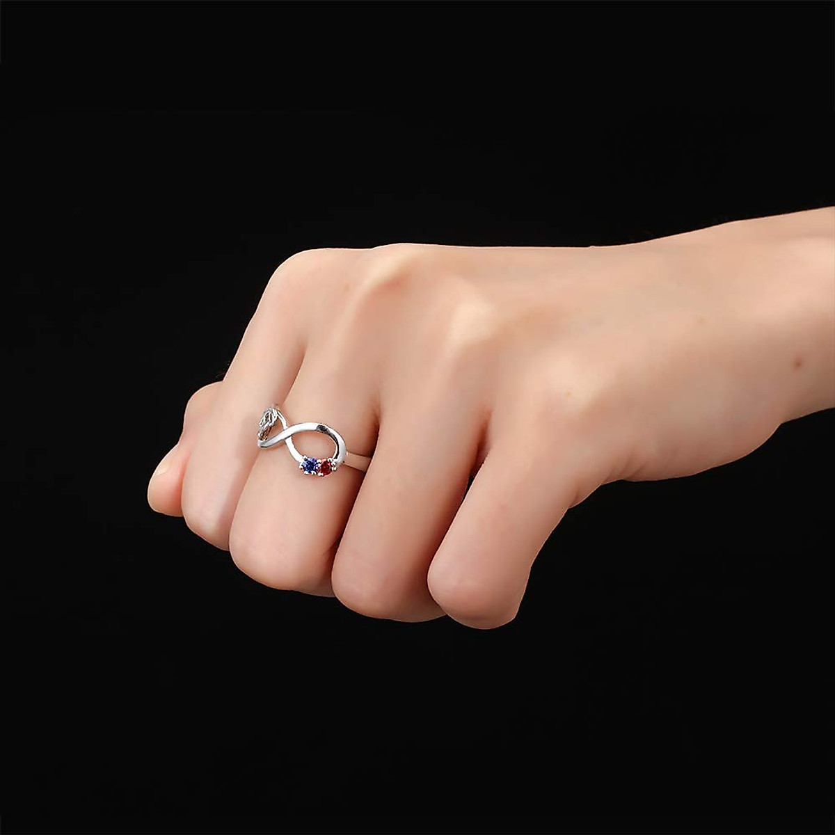 Molywoo Personalized Infinity Symbol Rings Double Hearts Best Friend Promise Rings with 2 Round Shape Simulated Birthstones Engraved Name Rings for Women Love Forever (6)