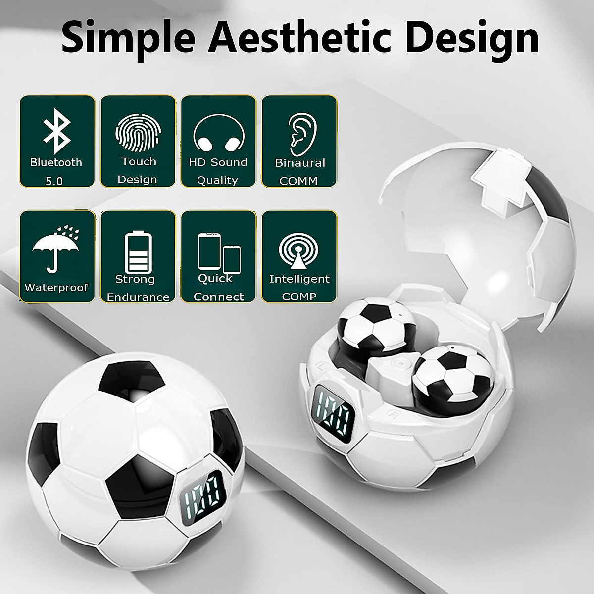 N/0 Soccer Bluetooth 5.1 Wireless Earbuds Sport Headphones IPX7 Waterproof Earbuds Headset with Charging Case Hands-Free Calling Deep Bass Stereo Ear Buds Noise Cancelling Earphones for Gym Running