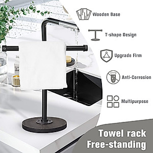 Bathroom Hand Towel Holder Stand T-Shape Industrial Pipe Hand Towel Rack Stand with Heavy Duty Soild Wood Base for Bathroom, Kitchen or Vanity Countertop