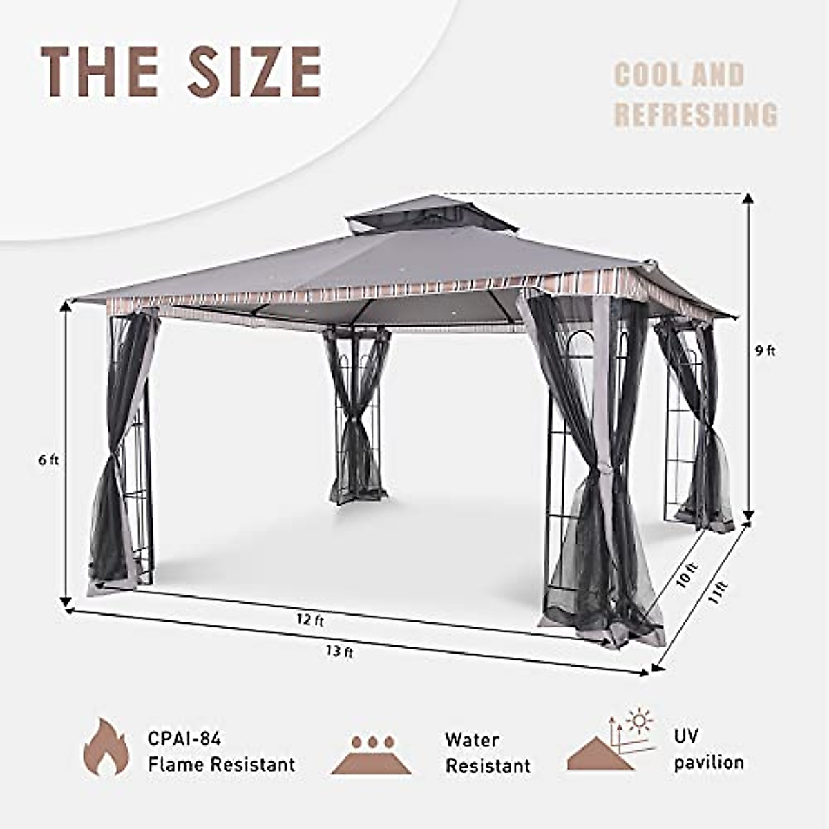 Joyside Patio Gazebo with Netting 12 ft. x 10 ft. Double Tier Roof gazebos for patios (Grey)