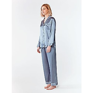SIORO Silky Pajamas for Women Satin Pajama Sets Long Sleeve Button Down Sleepwear PJ's Soft Loungewear, Blue Grey, Medium