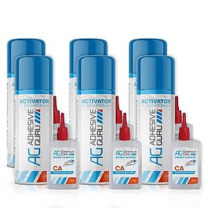 Adhesive Guru CA Glue with Activator Woodworking (6 x 0.9 oz - 6 x 3.38 fl oz) Ca Glue for Woodworking, Cyanoacrylate Glue and Activator (6 Pack)