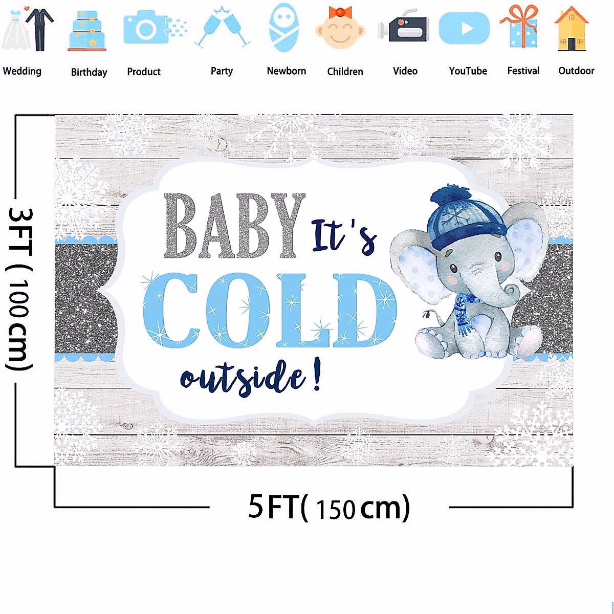 Mocsicka Baby It's Cold Outside Backdrop Rustic Floor Boy Girl Elephant Baby Shower Photography Background Winter White Snowflake Princess Newborn Cake Table Decoration Photo Booth (5x3ft)