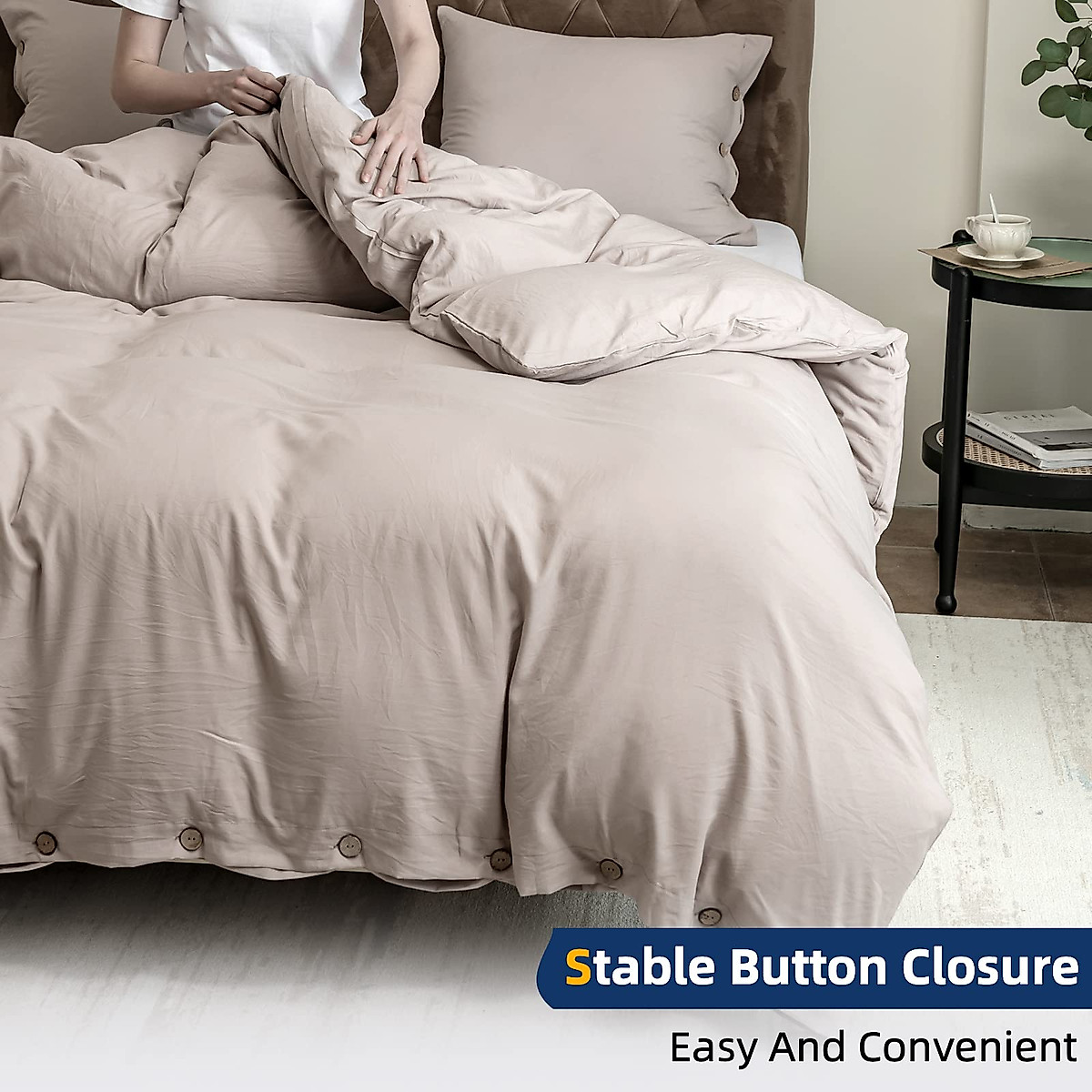 Argstar Khaki Button Duvet Cover Set Queen Size with Extra 2 Pillowcases (20''x26'')