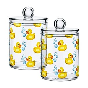 2 Pack Plastic Cotton Swab Ball Pad Holder Yellow Rubber Ducks Jars Bathroom Storage Organizer Bathroom Canisters with Lids for Bathroom Canister Storage Organization, Vanity Makeup Organizer