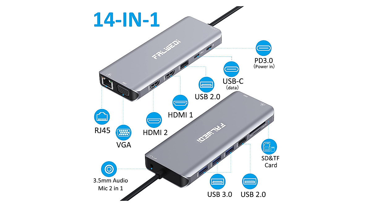 USB C Docking Station - 14 in 1 Multiport Hub