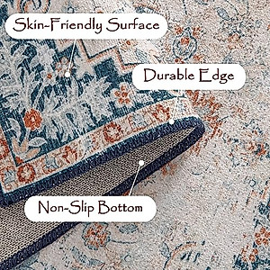 COZYLOOM Area Rug 8x10 Boho Tribal Area Rug Vintage Medallion Rug Large Washable Rug Distressed Oriental Non-Slip Print Floor Carpet for Living Room Bedroom Home Office Foldable Beige