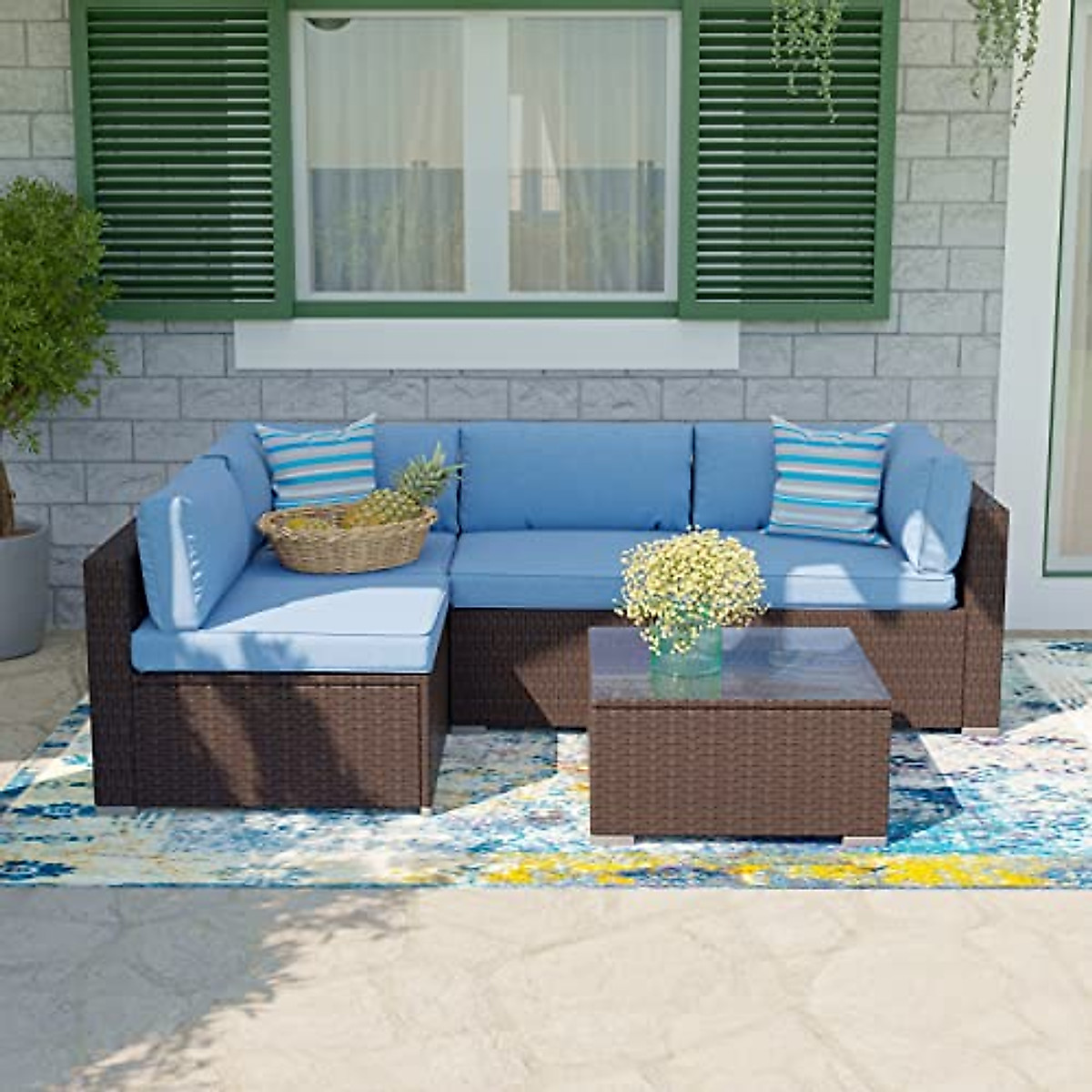 SUNBURY 5-Piece Outdoor Sectional Brown Wicker Sofa, PE Rattan Patio Furniture Set w Blue Cushion, Tempered Glass Table, Weatherproof Cover for Backyard