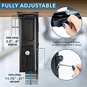 CPU Under Desk Mount Bracket - Computer Tower Wall and Under Counter Holder, 360 Degree Swivel Adjustable Height and Width Wall-Mountable