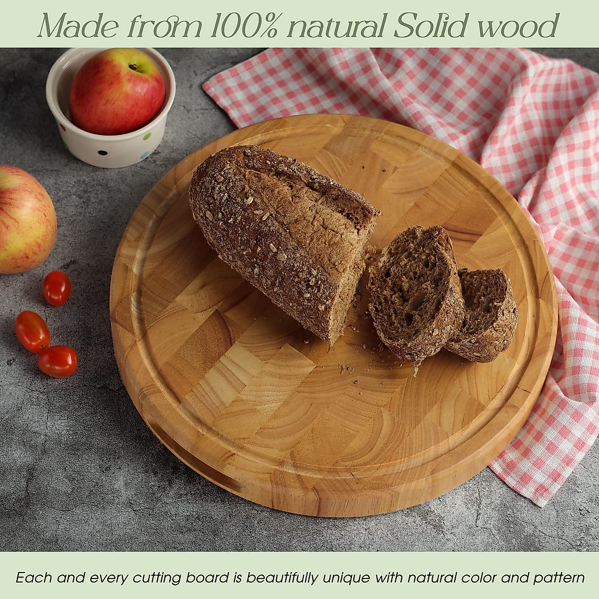 Wood Cutting Board (13in Round - 1.5in Thick) End Grain Cutting Board, Solid Wooden Butcher Block, Chopping Board For Kitchen with Juice Groove & Inner Handles One Size