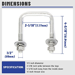 1/2" Diameter 13" Thread Square U-Bolt for Boat Trailer 8 Pieces 1/2" D x 3 1/16" W x 4 5/16" L