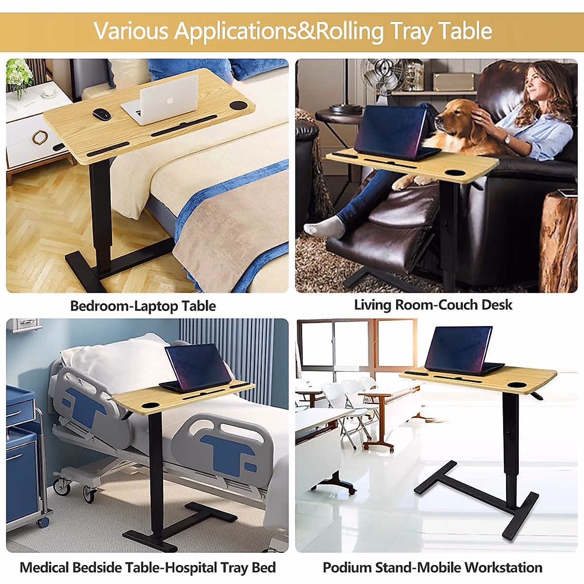 BeGyoku Overbed Table,Hospital Bed Table,Pneumatic Bed Tables Adjustable Over The Bed with Hidden Wheels&USB,Mobile Laptop Table Cart&Rolling Bedside Table with Tray Hospital Home Use-Oak