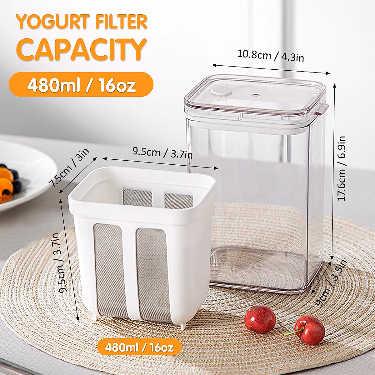 SMALLSHS Yogurt Strainer, Small 480ML (16 Oz) Fine Mesh Strainer, Rice Tea Juicing Food Sieve Strainer, Thick Greek Yogurt Milk Filter Kitchen Tools Reusable Homemade Cup with Stainless Steel Mesh