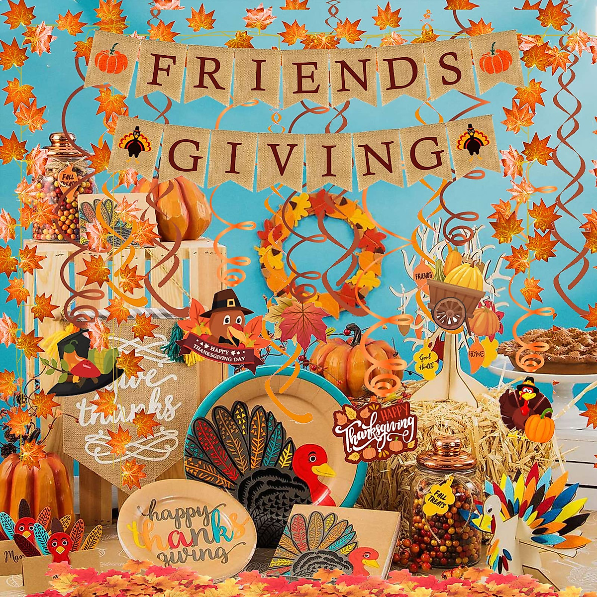 Famoby FRIENDSGIVING Burlap Banner Paper Triangular Bunting Maple leaf Garland Plastic Streamer for Thanksgiving Day Party Decoration