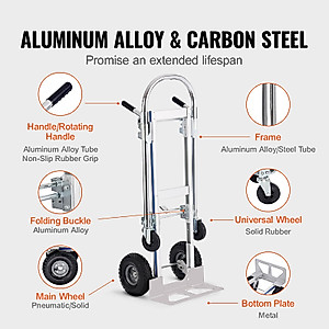 VEVOR Aluminum Convertible Hand Truck, 2 in 1 Design 800 Lbs Capacity, Heavy Duty Industrial Collapsible cart, Dolly Cart with Rubber Wheels for Transport and Moving in Warehouse, Supermarket, Garden