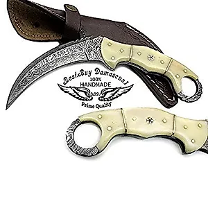 Best.Buy.Damascus1 Camel Bone 8.2'' Fixed Blade Custom Handmade Damascus Steel Hunting Knife Prime Quality
