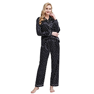 Women's Classic Satin Pajama Set Sleepwear Loungewear (Black and White Polka Dot, Large)