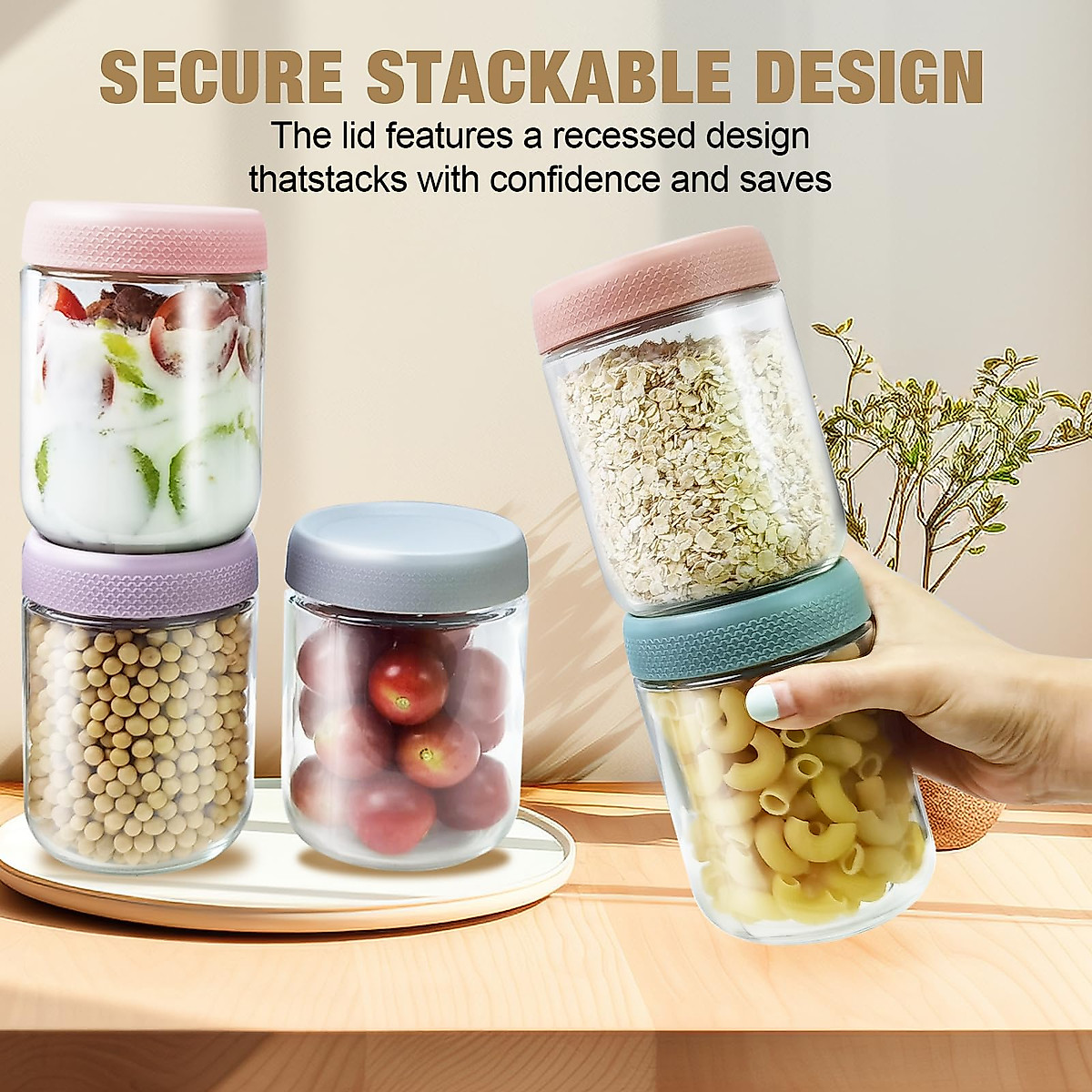 3-Pack 16 oz Glass jars with Airtight Lids, Overnight Oats Containers with Lids, Wide Mouth Mason Jars, Glass Storage Containers with Lids for Fruit, Salad Dressing, Sauce,Cereal,Yogurt,Snacks