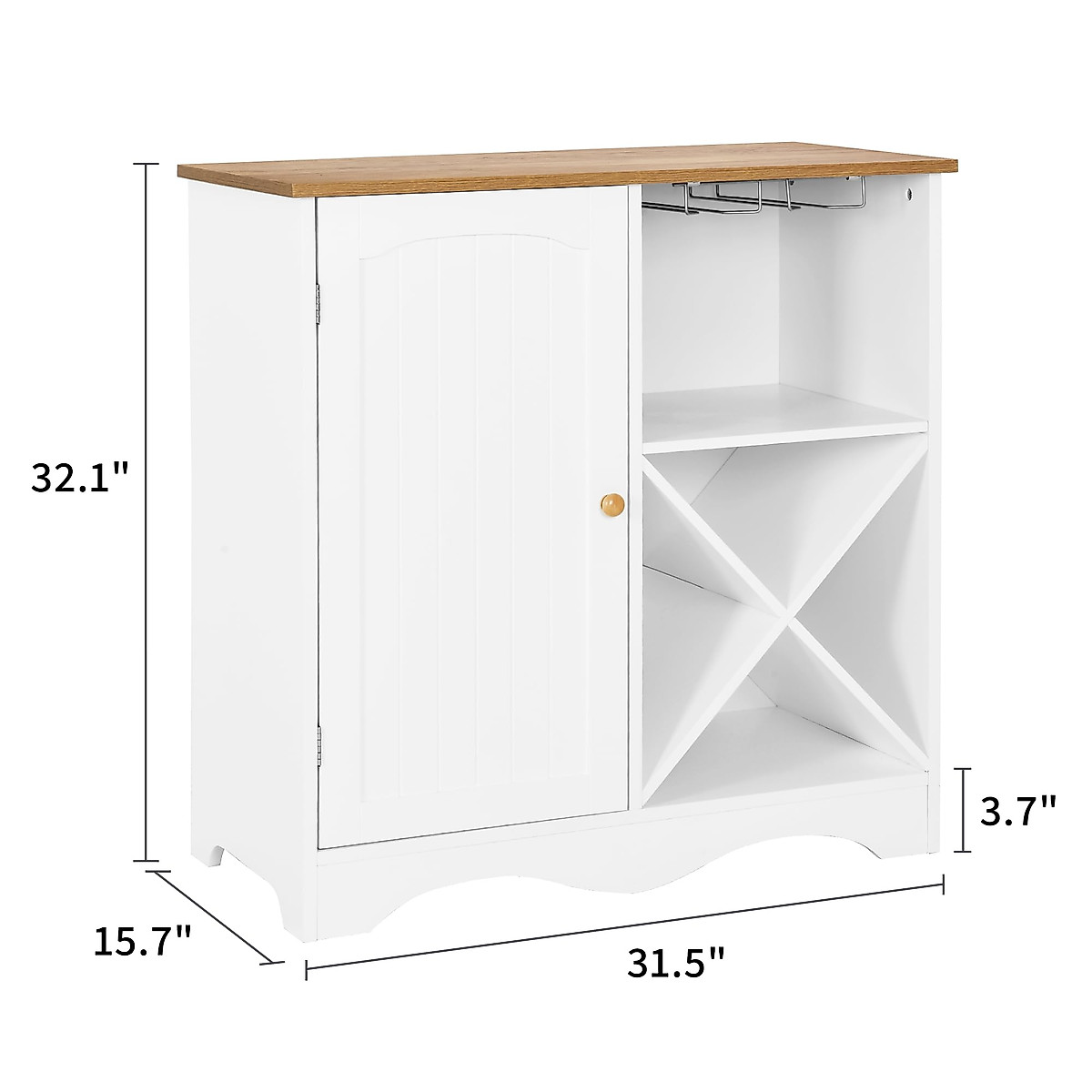 DWVO White Wine Bar Cabinet, 32" Kitchen Coffee Bar Cabinet with 2-Row Glass Holder and 4-Grid Wine Rack, Oak Wood Sideboard Buffet Storage Cabinet for Kitchen, Dining Room