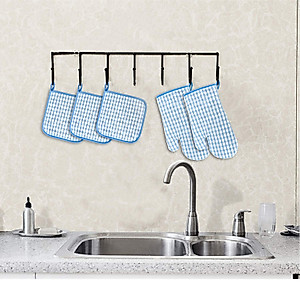 Kitchen Oven Mitt and Pot Holders, 5 pcs Heat Resistant Vintage Cotton Gingham Oven Mitts and Potholders Hot Pads Mats Coasters Set for Cooking Baking (Blue Set)