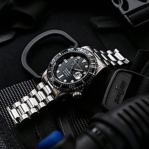 MOMENTUM Men's Aquamatic IV Automatic Dive Watch | 200M Water Resistance | Sapphire Crystal | Glass Back | SuperLuminova Luminous | Self-Winding (Black Dial | Hyper Rubber Band)