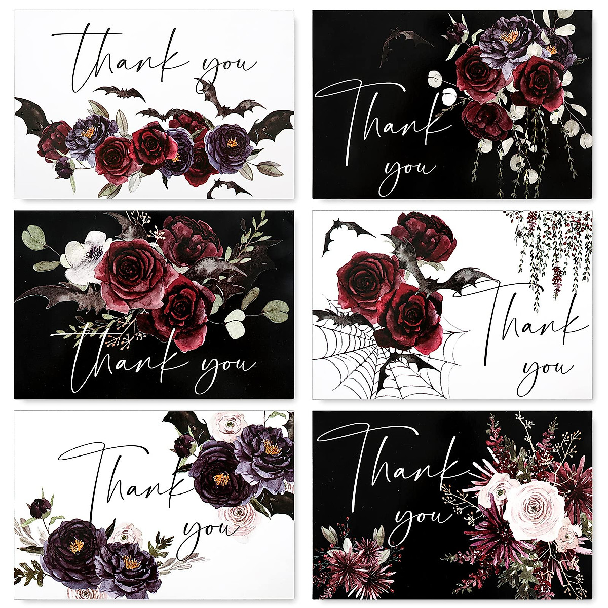 AnyDesign 30 Pack Floral Thank You Greeting Cards Watercolor Halloween Flower Bat Invitation Cards Spooky Thank You Blank Note Cards for Halloween Party Invitation Wedding Bridal Shower, 4 x 6 Inch
