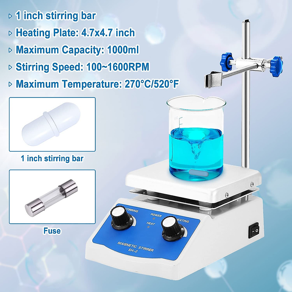 Yaeccc Magnetic Stirrer 4.7 x 4.7 Inch Heating Plate Magnetic Mixer SH-2 Hot Plate 1000ml Stirring Capacity Magnetic Stirrer Kit 180W 0~1600RPM 1L Volume Heating Power