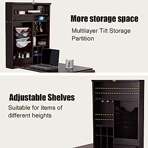 Tangkula Wall Mounted Desk, Floating Desk with Chalkboard, Space Saving Fold Up Wall Convertible Desk, Multi-Function Wall Mounted Table with Storage Shelves & Hooks（No Assembly Required）