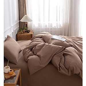 TazmKezm Mocha Duvet Cover 100% Washed Cotton Duvet Cover Set, 3 PCs Breathable Soft Bedding Set Linen Textured. Solid Color Pattern Duvet Cover Full Size (80x90 Inch)