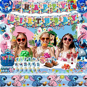 Stitch Birthday Party Supplies, Stitch themed Party Decorations Include Happy Birthday Banner, Backdrop, Tableware Set, Tablecloth, Hanging Swirls, Cake Toppers, Cupcake Toppers, Latex Balloons