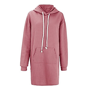 ZYXTIM Women Waffle Knit Sweatshirt Dress Plus Size Loose Fall Long Sleeve Hoodies Drwastring Pullover with Kangaroo Pocket Pink