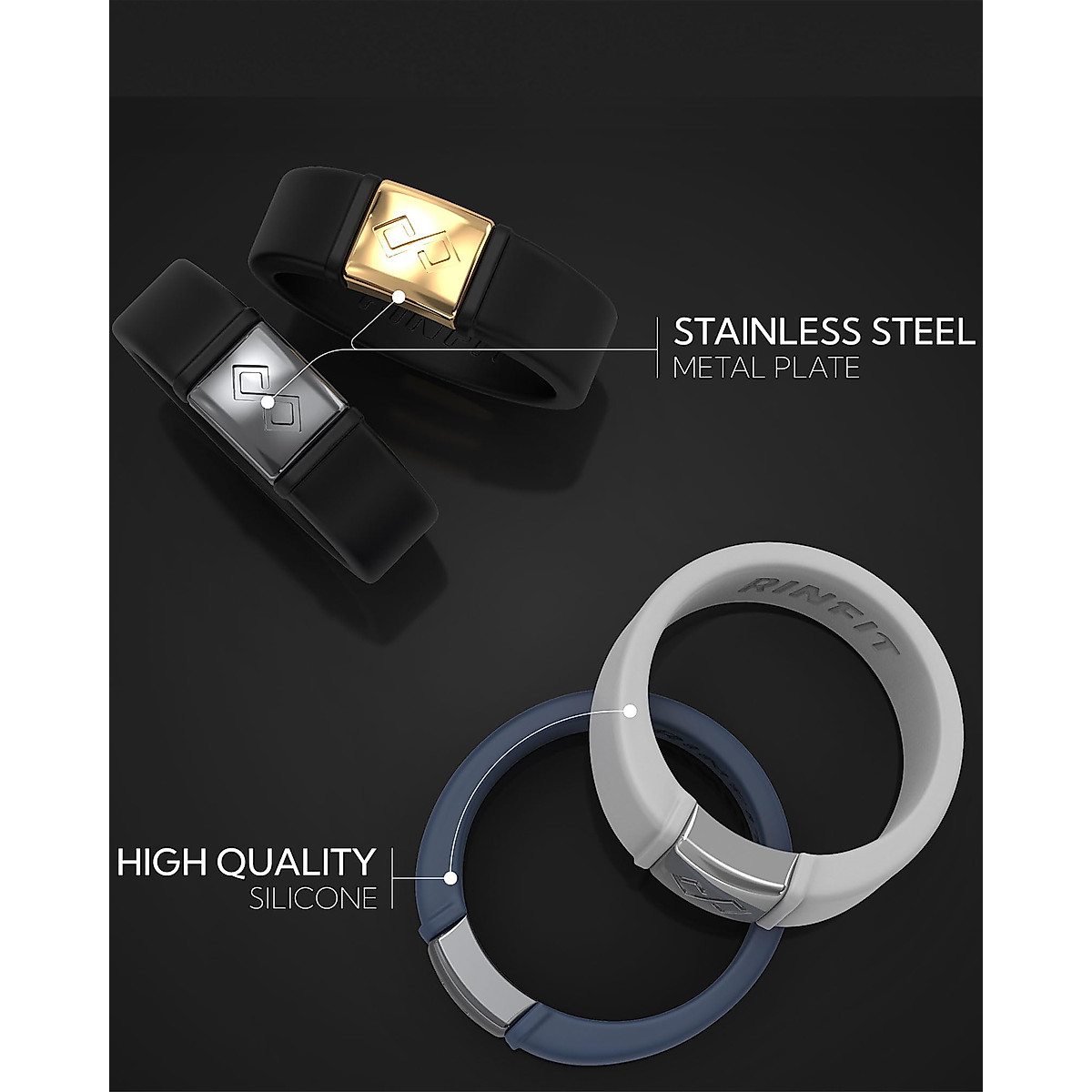 Rinfit Silicone Rings for Men - Mens/Womens Silicone Wedding Bands - Infinity Ring with Metal Plate - Rubber Rings Men/Women - Metalnfinity Collection - Gold & Black - Size 11