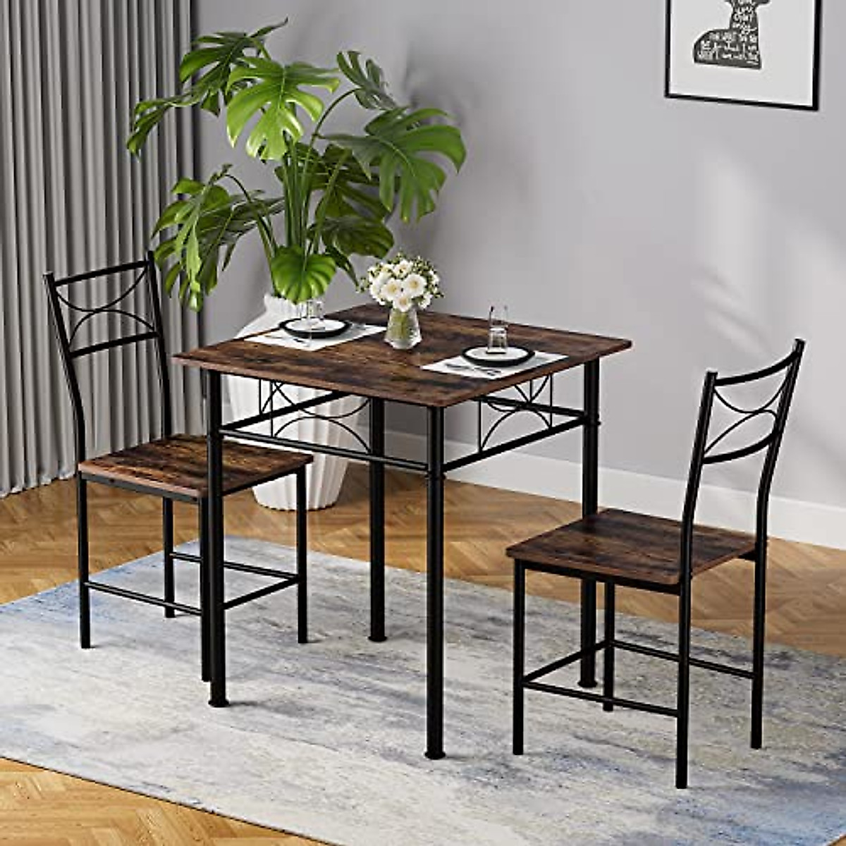 JOIN IRON 3-Piece Kitchen Dining Room Table Set for Small Spaces，Iron Wood Square Table with 2 Chairs for Kitchen Dining Room Furniture