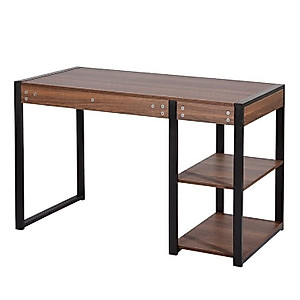 Computer Desk Home Office Writing Pc Workstation with 2 Tier Shelves Storage Brown Modern Contemporary Rectangular Metal Wood Finish