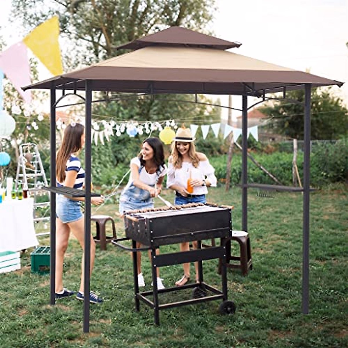 LIRUXUN Outdoor Grill Gazebo 8 X 5 Ft Shelter Tent Double Tier Soft Top Canopy and Steel Frame with Hook and Bar Counters