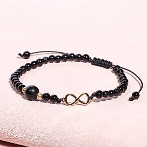 Jewever Natural Crystals and Gemstones Infinity Charm Bracelet for Women Worry Stone Beaded Friendship Bracelets Adjustable (Black Obsidian)