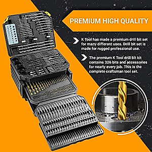 K Tool International 10330 Automotive Plastic/Steel/Wood Premium Drill Bit/Accessory Set for Garages, Repair Shops, and DIY, 16"x13"x9.5" Portable Carrying Case, (2) Folding Trays, Black, 326 Piece