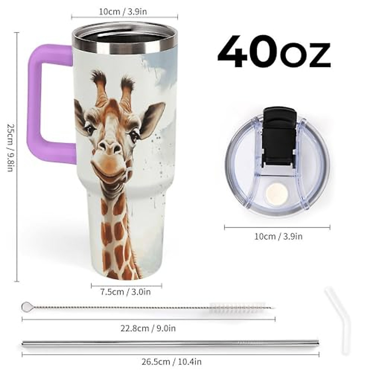 LLUTSNTH 40 Oz Vacuum Tumbler with Violet Handle Leakproof Insulated Tumbler Giraffe Stainless Steel Travel Mug with Lid And Straw Coffee Cup Cute Water Bottles Cup Holder Friendly