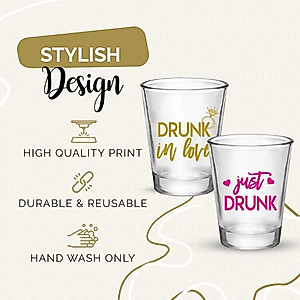 Drunk In Love and Just Drunk Bachelorette Party Shot Glasses, Set of 12, 11 Pink Just Drunk and 1 Gold Drunk In Love Shot Glass, Perfect Bachelorette Party Decorations and Brides Maid Gifts