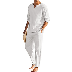 COOFANDY Men's 2 Pieces Cotton Linen Set Henley Shirt Long Sleeve and Casual Beach Pants Summer Yoga Outfits