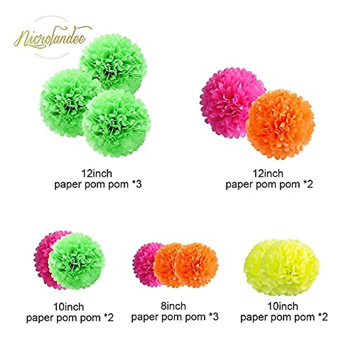 NICROLANDEE Blacklight Party Decorations - 12PCS Fluorescent Neon UV Reactive Glow Tissue Paper Pom Poms & 4Rolls Glow Crepe Paper Streamers for Graduation, Birthday, Fiesta Party, Wedding, Prom Dance