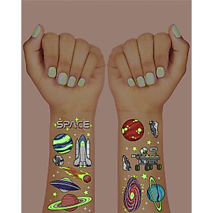 xo, Fetti Space + Planets Glow in Dark Temporary Tattoos for Kids - 50 pcs | Alien Birthday Party Supplies, Astronaut Favors + Rocket ship Decorations