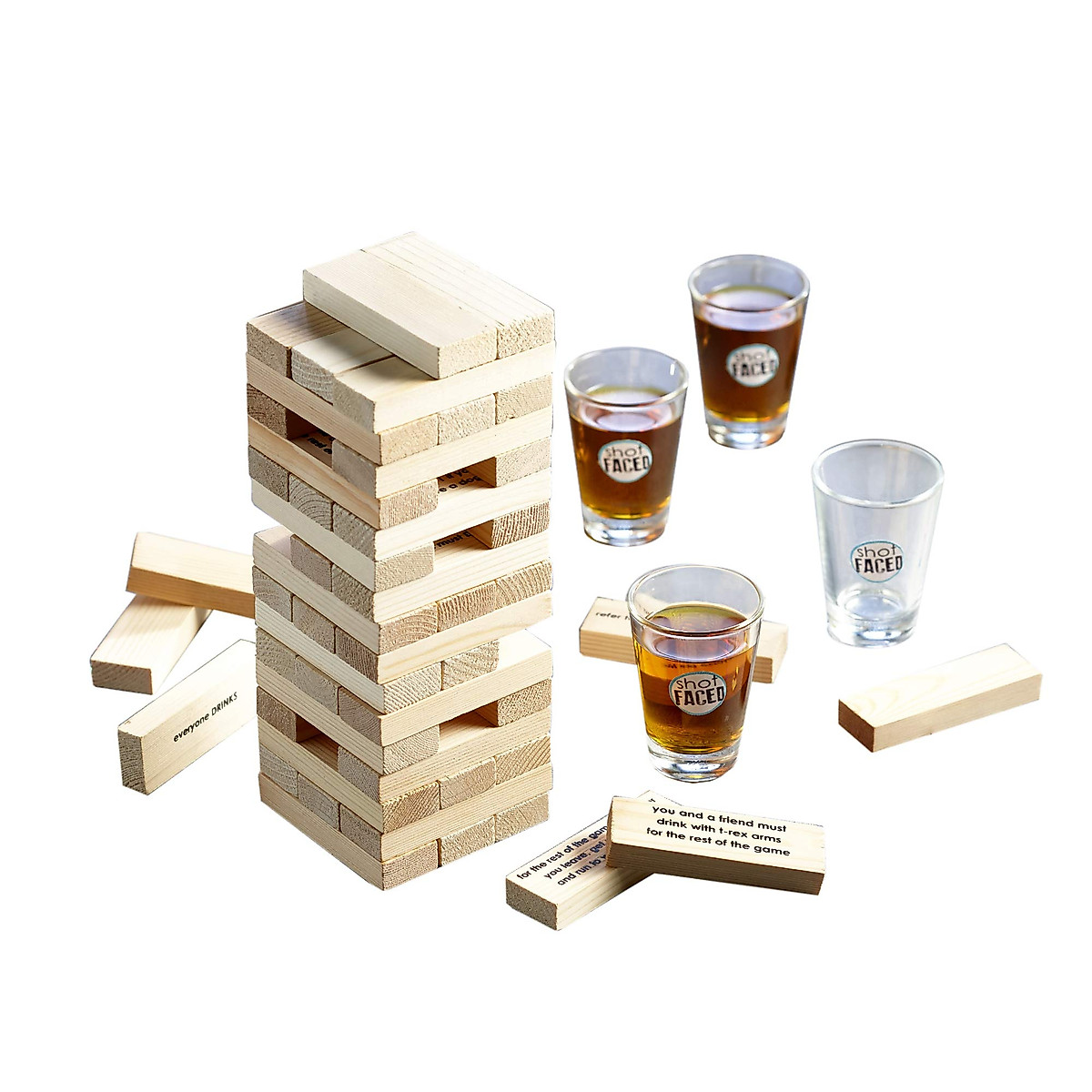 Game Night Tipsy Tower Glass Drinking Game Set w/Wooden Blocks & 4 Lead-Free Shots-Ideal Gift for Birthdays, Father's Day & More, 1 Count (Pack of 1), Brown